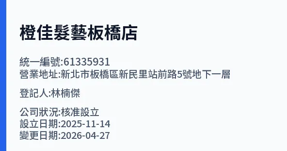 橙佳髮藝板橋店的照片-統編 61335931(新北市) 公司登記資料與營業項目詳細圖表