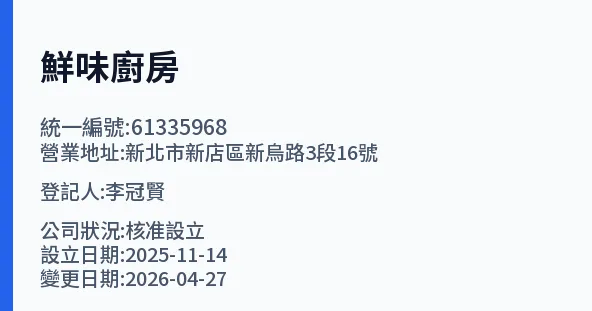 鮮味廚房的照片-統編 61335968(新北市) 公司登記資料與營業項目詳細圖表