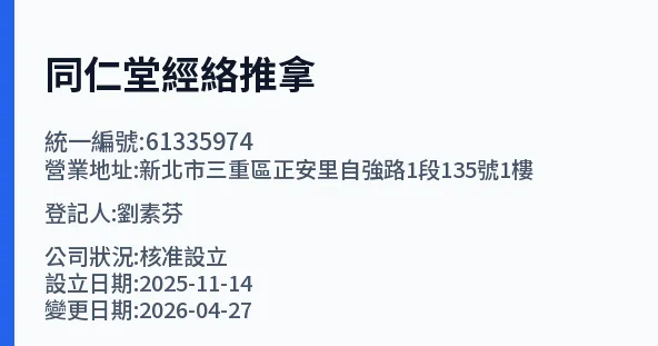同仁堂經絡推拿的照片-統編 61335974(新北市) 公司登記資料與營業項目詳細圖表