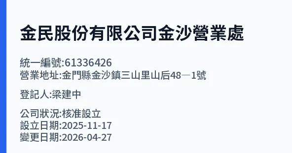 金民股份有限公司金沙營業處的照片-統編 61336426(金門縣) 公司登記資料與營業項目詳細圖表