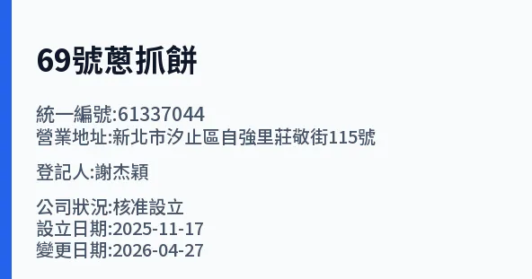 69號蔥抓餅的照片-統編 61337044(新北市) 公司登記資料與營業項目詳細圖表