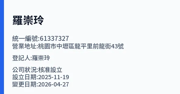 羅崇玲的照片-統編 61337327(桃園市) 公司登記資料與營業項目詳細圖表