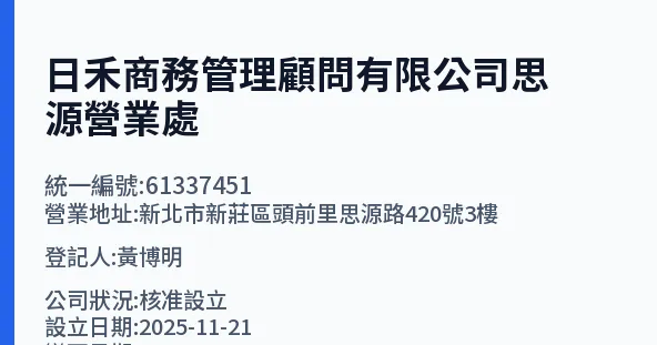 日禾商務管理顧問有限公司思源營業處的照片-統編 61337451(新北市) 公司登記資料與營業項目詳細圖表