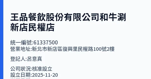 王品餐飲股份有限公司和牛涮新店民權店的照片-統編 61337500(新北市) 公司登記資料與營業項目詳細圖表