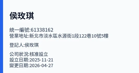 侯玫琪的照片-統編 61338162(新北市) 公司登記資料與營業項目詳細圖表