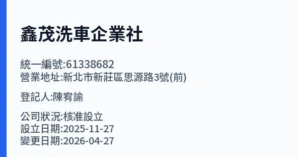 鑫茂洗車企業社的照片-統編 61338682(新北市) 公司登記資料與營業項目詳細圖表