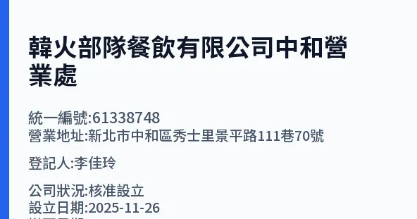 韓火部隊餐飲有限公司中和營業處的照片-統編 61338748(新北市) 公司登記資料與營業項目詳細圖表
