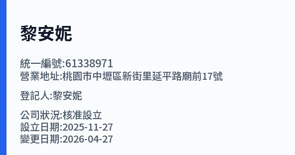 黎安妮的照片-統編 61338971(桃園市) 公司登記資料與營業項目詳細圖表