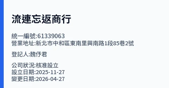 流連忘返商行的照片-統編 61339063(新北市) 公司登記資料與營業項目詳細圖表