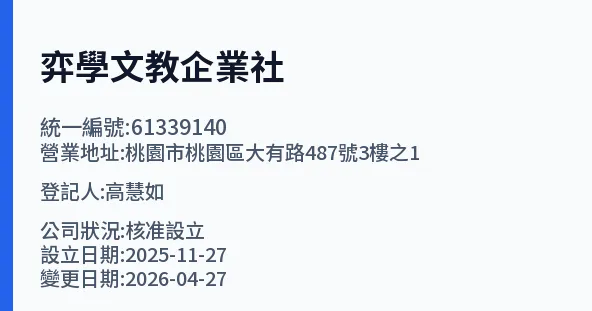 弈學文教企業社的照片-統編 61339140(桃園市) 公司登記資料與營業項目詳細圖表