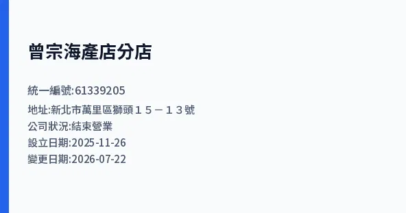 曾宗海產店分店的照片-統編 61339205 公司登記資料與營業項目詳細圖表