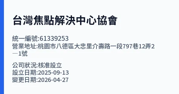 台灣焦點解決中心協會的照片-統編 61339253(桃園市) 公司登記資料與營業項目詳細圖表