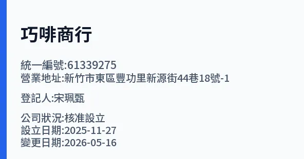巧啡商行的照片-統編 61339275(新竹市) 公司登記資料與營業項目詳細圖表