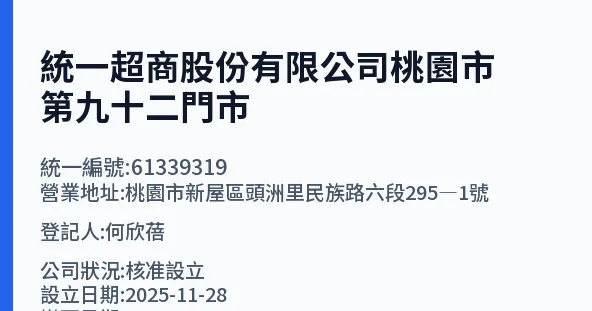 統一超商股份有限公司桃園市第九十二門市的照片-統編 61339319(桃園市) 公司登記資料與營業項目詳細圖表