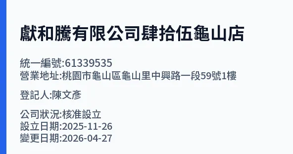 獻和騰有限公司肆拾伍龜山店的照片-統編 61339535(桃園市) 公司登記資料與營業項目詳細圖表