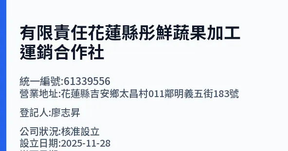 有限責任花蓮縣彤鮮蔬果加工運銷合作社的照片-統編 61339556(花蓮縣) 公司登記資料與營業項目詳細圖表