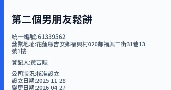 第二個男朋友鬆餅的照片-統編 61339562(花蓮縣) 公司登記資料與營業項目詳細圖表
