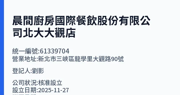 晨間廚房國際餐飲股份有限公司北大大觀店的照片-統編 61339704(新北市) 公司登記資料與營業項目詳細圖表