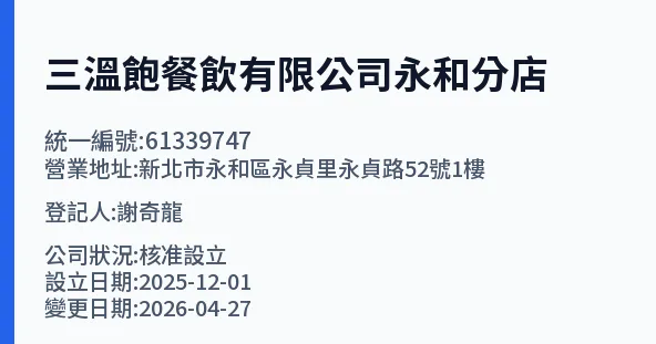 三溫飽餐飲有限公司永和分店的照片-統編 61339747(新北市) 公司登記資料與營業項目詳細圖表