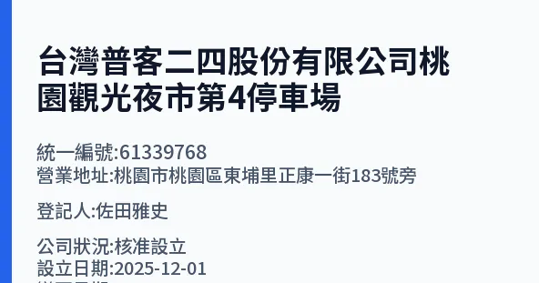 台灣普客二四股份有限公司桃園觀光夜市第4停車場的照片-統編 61339768(桃園市) 公司登記資料與營業項目詳細圖表