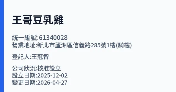 王哥豆乳雞的照片-統編 61340028(新北市) 公司登記資料與營業項目詳細圖表