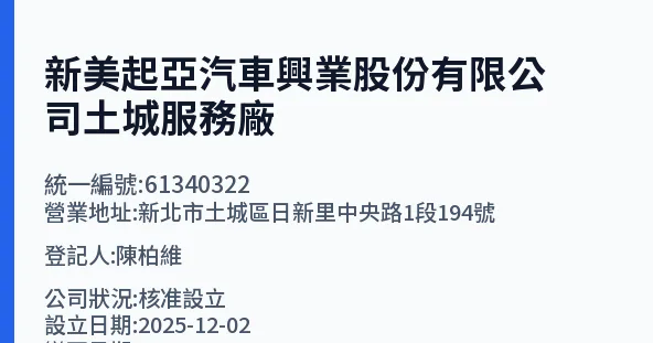 新美起亞汽車興業股份有限公司土城服務廠的照片-統編 61340322(新北市) 公司登記資料與營業項目詳細圖表