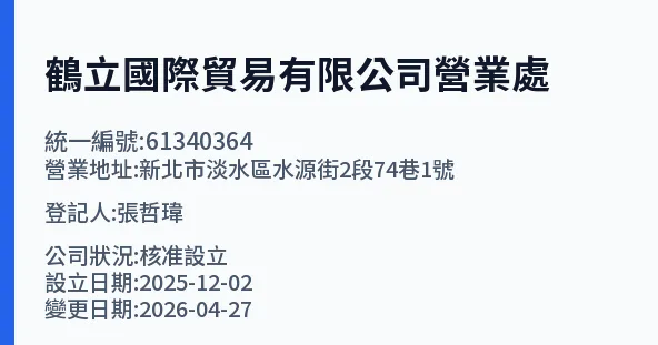 鶴立國際貿易有限公司營業處的照片-統編 61340364(新北市) 公司登記資料與營業項目詳細圖表