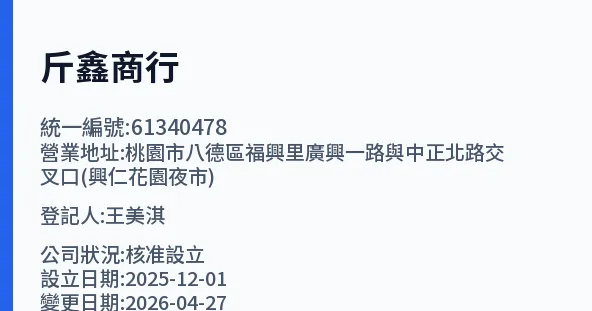 斤鑫商行的照片-統編 61340478(桃園市) 公司登記資料與營業項目詳細圖表