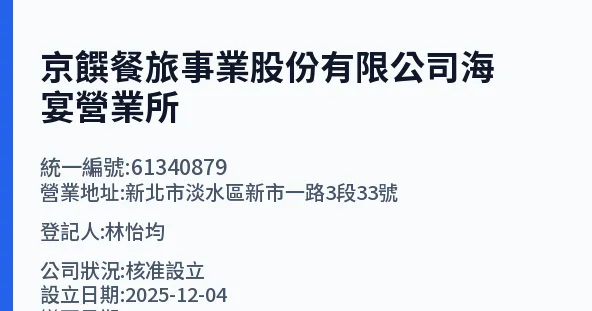 京饌餐旅事業股份有限公司海宴營業所的照片-統編 61340879(新北市) 公司登記資料與營業項目詳細圖表