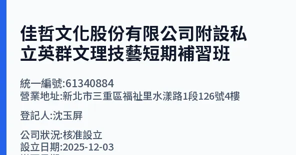 佳哲文化股份有限公司附設私立英群文理技藝短期補習班的照片-統編 61340884(新北市) 公司登記資料與營業項目詳細圖表