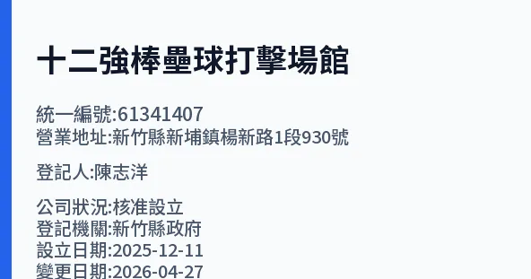 十二強棒壘球打擊場館的照片-統編 61341407(新竹縣) 公司登記資料與營業項目詳細圖表