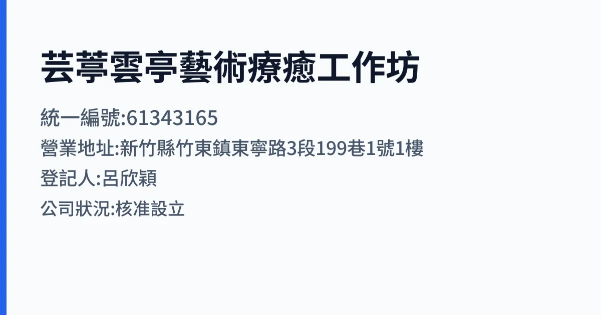 芸葶雲亭藝術療癒工作坊 - 統編 61343165(新竹縣) 公司登記資料與營業項目詳細圖表
