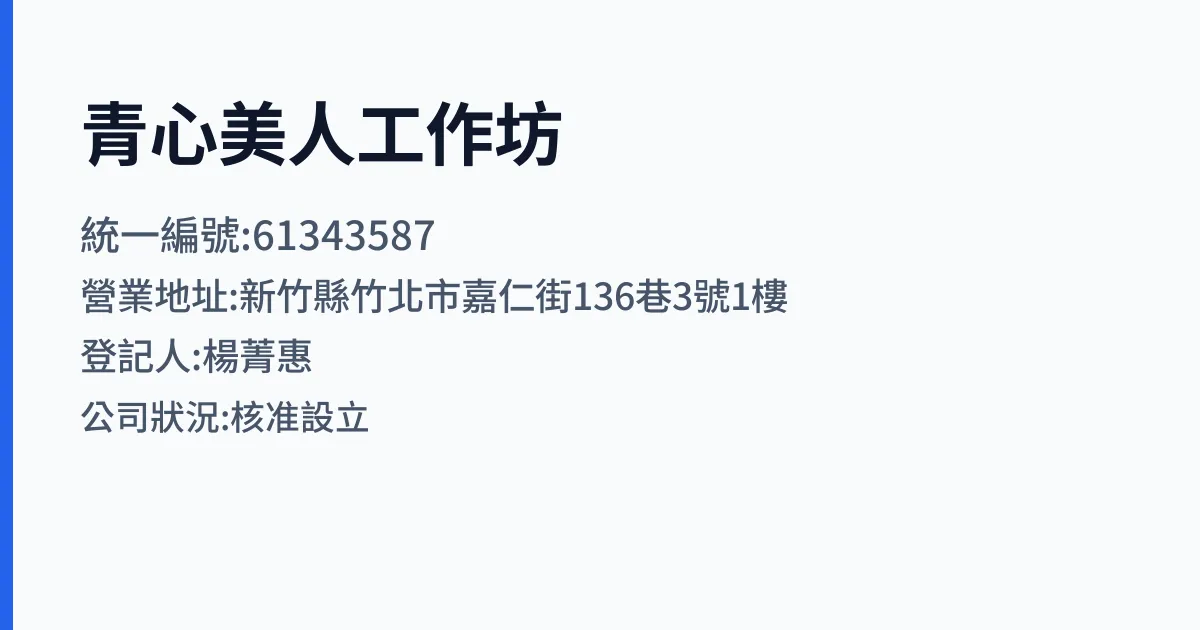 青心美人工作坊 - 統編 61343587(新竹縣) 公司登記資料與營業項目詳細圖表