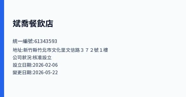 斌喬餐飲店的照片-統編 61343593(新竹縣) 公司登記資料與營業項目詳細圖表