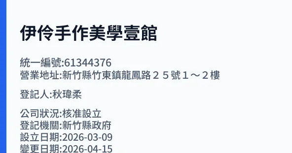 伊伶手作美學壹館的照片-統編 61344376(新竹縣) 公司登記資料與營業項目詳細圖表