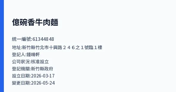 億碗香牛肉麵的照片-統編 61344848(新竹縣) 公司登記資料與營業項目詳細圖表