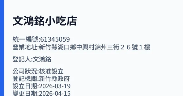 文鴻銘小吃店的照片-統編 61345059(新竹縣) 公司登記資料與營業項目詳細圖表