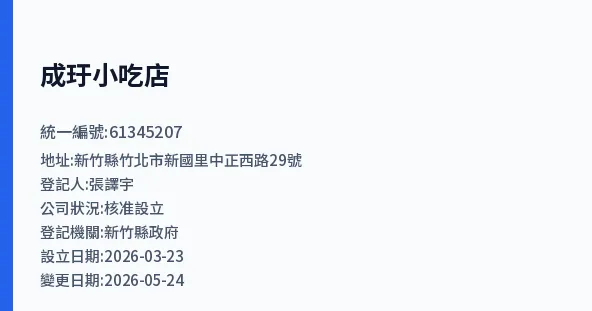 成玗小吃店的照片-統編 61345207(新竹縣) 公司登記資料與營業項目詳細圖表