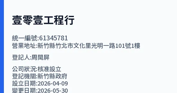 壹零壹工程行的照片-統編 61345781(新竹縣) 公司登記資料與營業項目詳細圖表