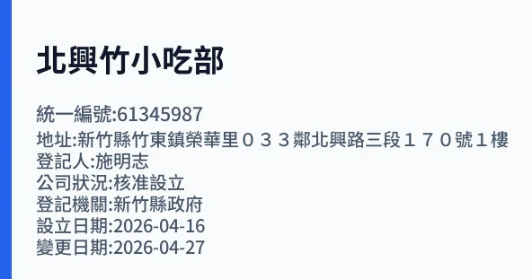 北興竹小吃部的照片-統編 61345987(新竹縣) 公司登記資料與營業項目詳細圖表