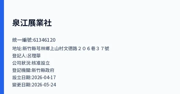 泉江展業社的照片-統編 61346120(新竹縣) 公司登記資料與營業項目詳細圖表