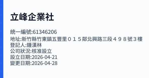 立峰企業社的照片-統編 61346206(新竹縣) 公司登記資料與營業項目詳細圖表