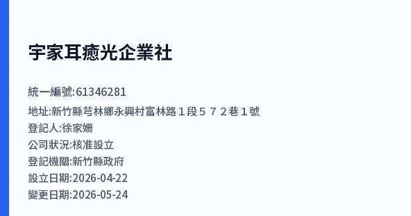 宇家耳癒光企業社的照片-統編 61346281(新竹縣) 公司登記資料與營業項目詳細圖表