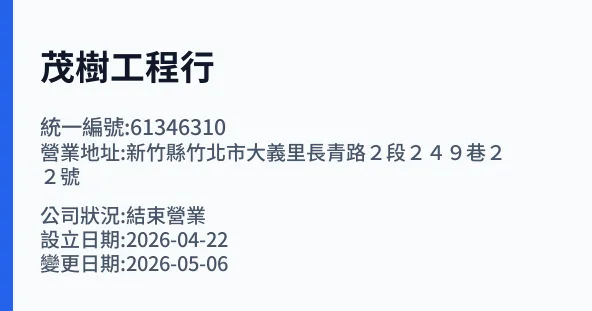 茂樹工程行的照片-統編 61346310(新竹縣) 公司登記資料與營業項目詳細圖表