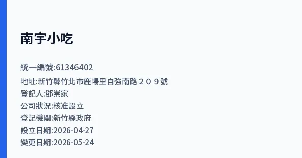 南宇小吃的照片-統編 61346402(新竹縣) 公司登記資料與營業項目詳細圖表