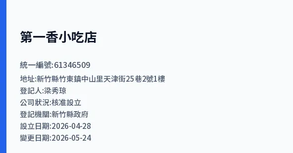 第一香小吃店的照片-統編 61346509(新竹縣) 公司登記資料與營業項目詳細圖表