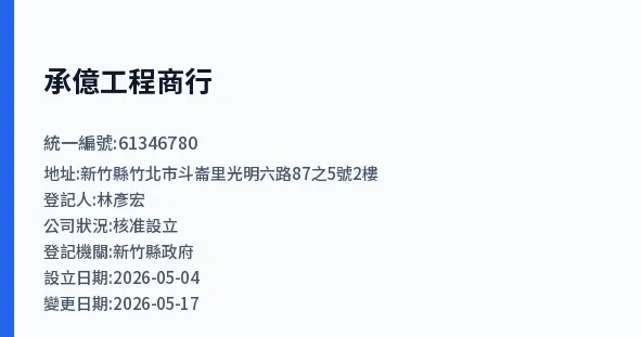 承億工程商行的照片-統編 61346780(新竹縣) 公司登記資料與營業項目詳細圖表