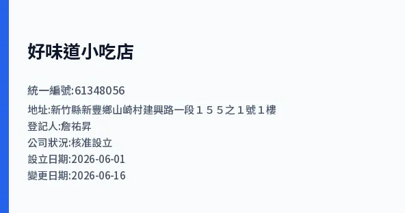 好味道小吃店的照片-統編 61348056(新竹縣) 公司登記資料與營業項目詳細圖表