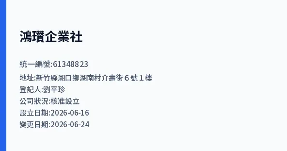鴻瓚企業社的照片-統編 61348823(新竹縣) 公司登記資料與營業項目詳細圖表