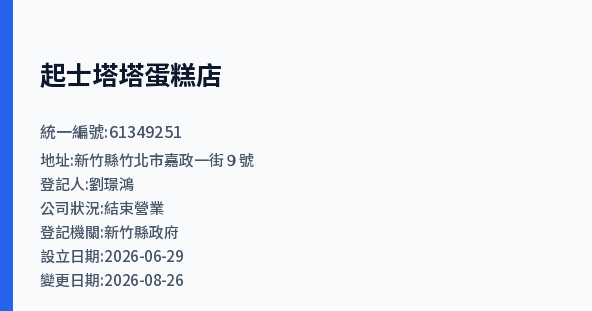 起士塔塔蛋糕店的照片-統編 61349251 公司登記資料與營業項目詳細圖表